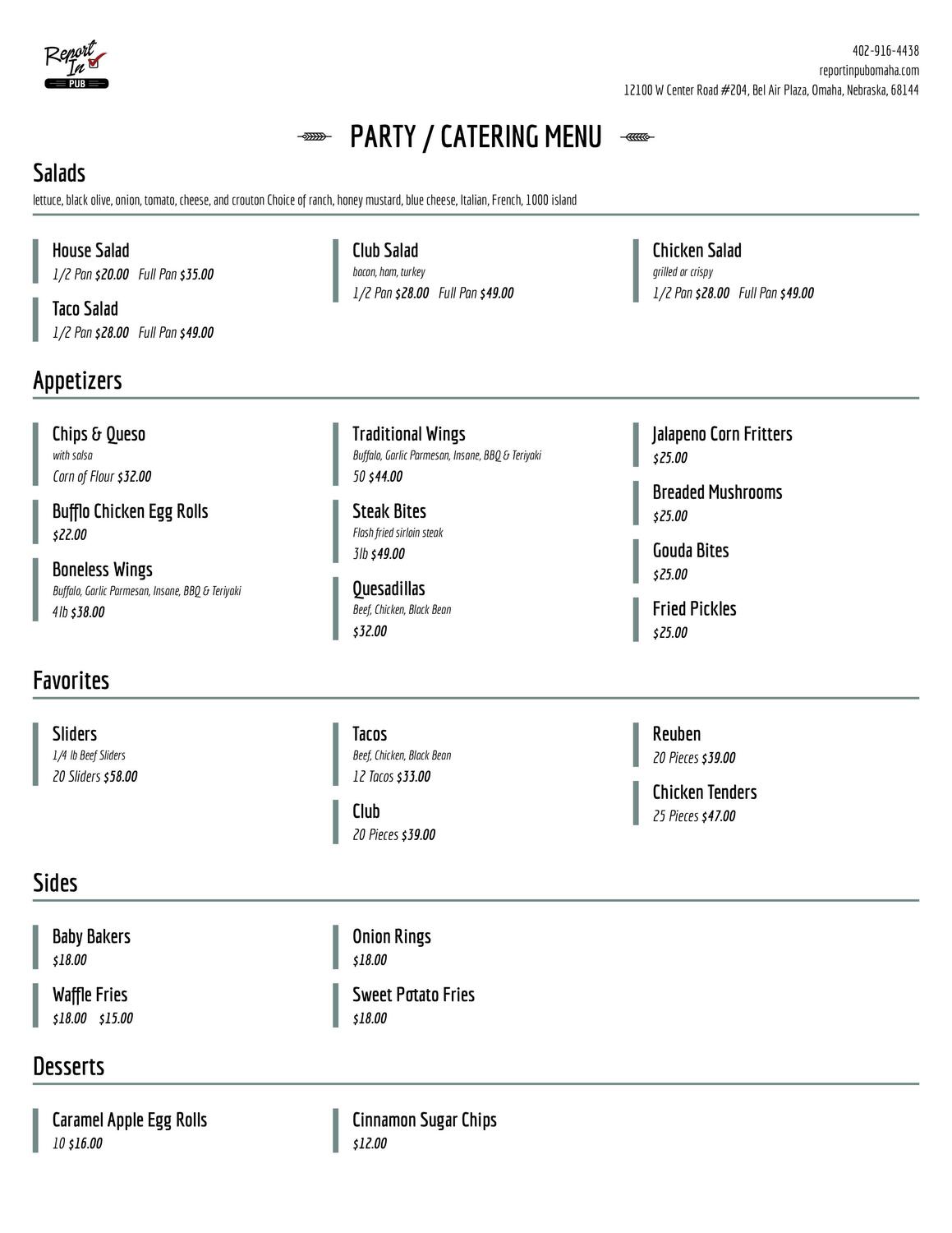 Report In Pub Party & Catering Menu